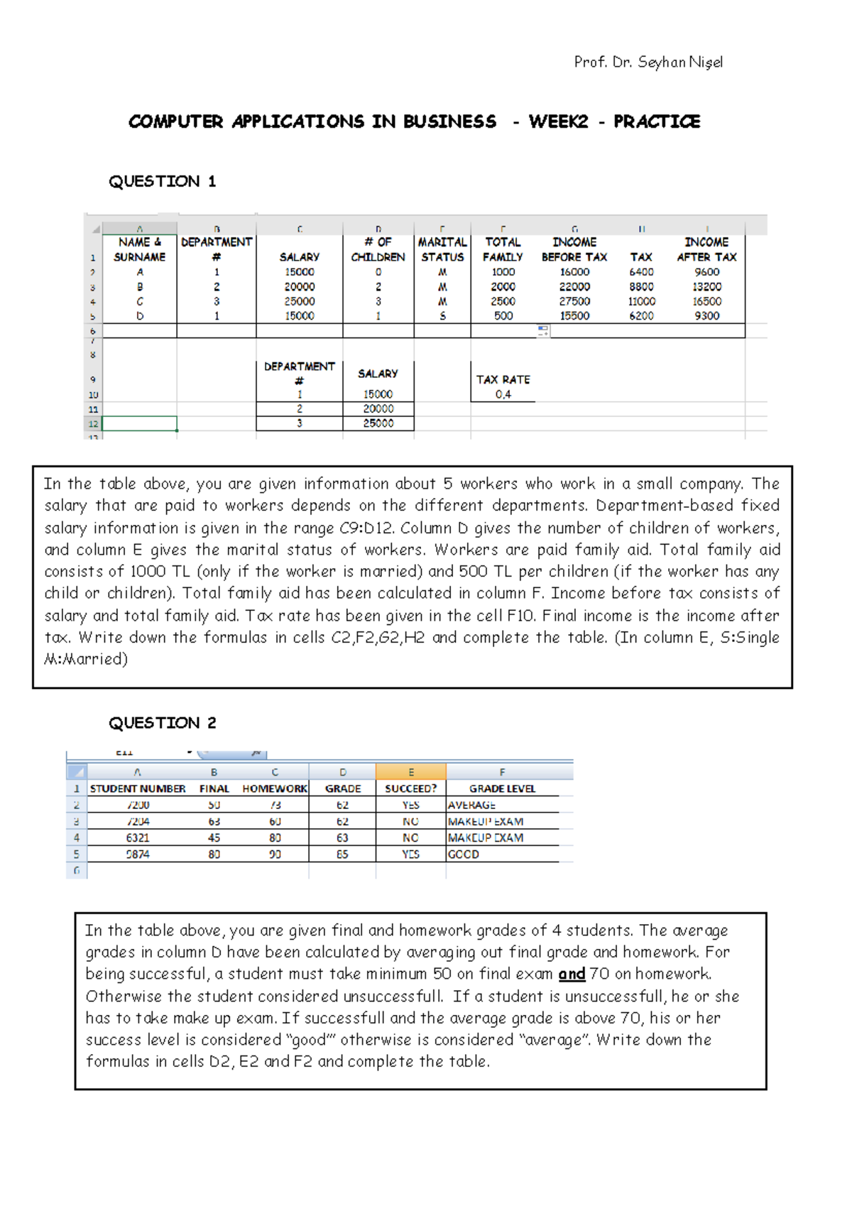 Week 2 Practice Problems - Prof. Dr. Seyhan Nişel COMPUTER APPLICATIONS IN BUSINESS - WEEK2 ...