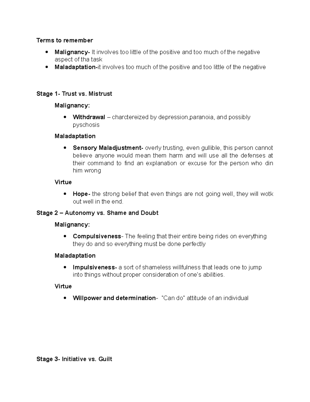 Erikson Summary - Terms to remember Malignancy- It involves too little ...