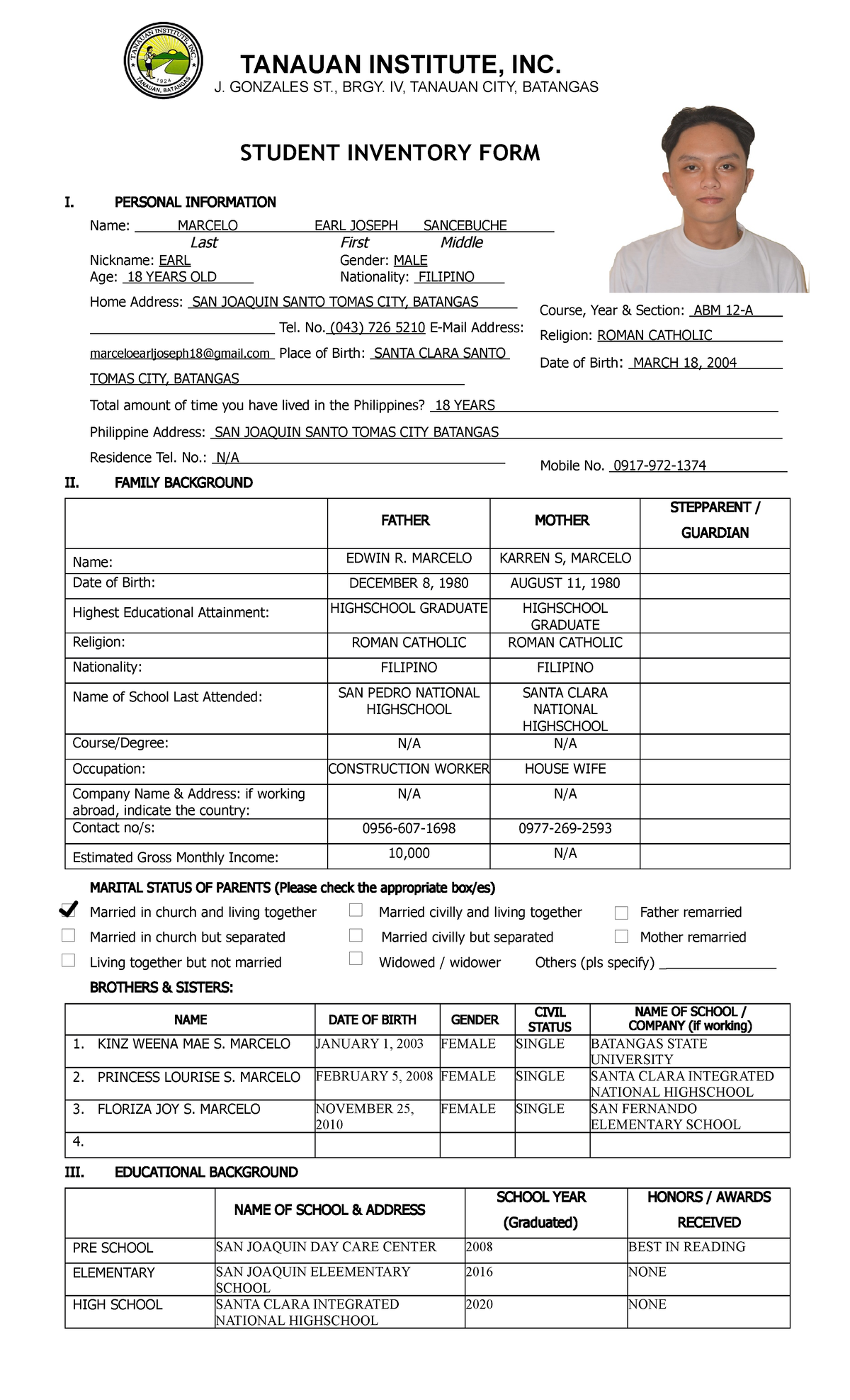 Student-Inventory-Form - TANAUAN INSTITUTE, INC. J. GONZALES ST., BRGY ...