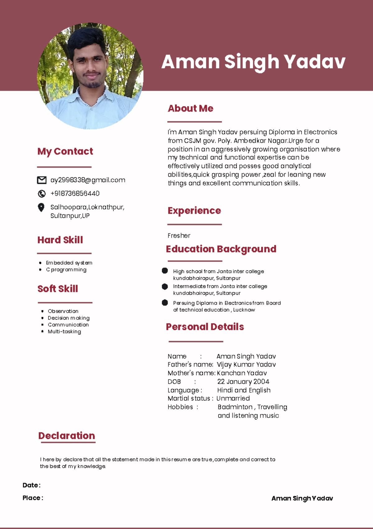 Pink Simple Profile Resume 20240404 222820 0000 - Aman Singh Yadav ...