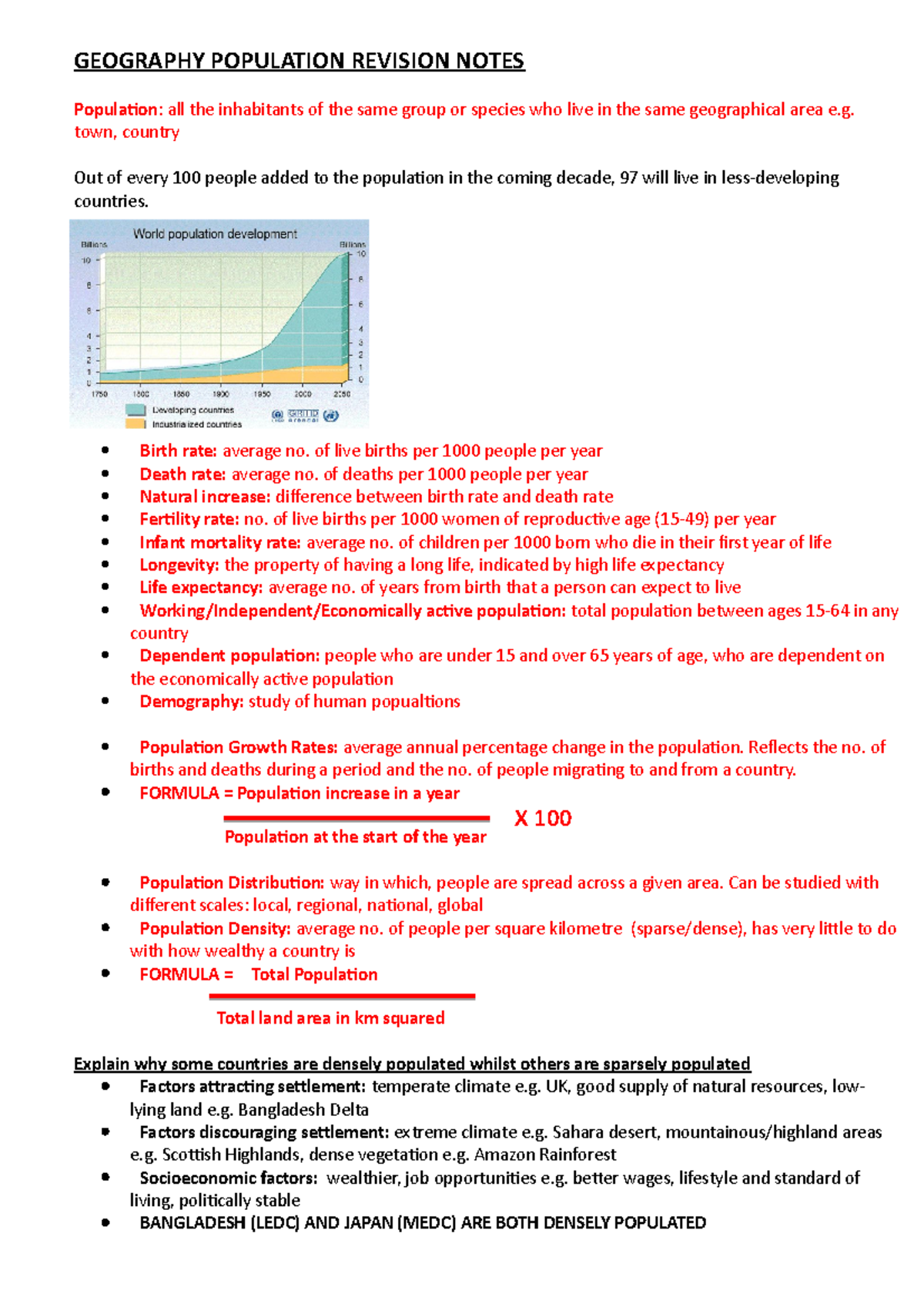 Population Revision Notes - GEOGRAPHY POPULATION REVISION NOTES ...