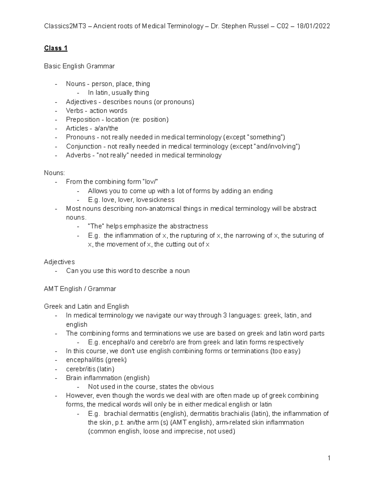 Classics 2MT3 - Class 1 Lecture notes - Class 1 Basic English Grammar ...