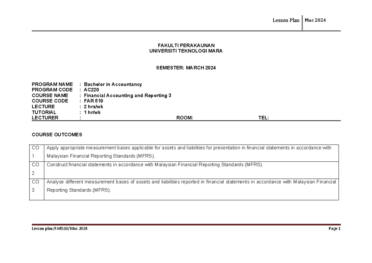 Lesson Plan - FAKULTI PERAKAUNAN UNIVERSITI TEKNOLOGI MARA SEMESTER ...