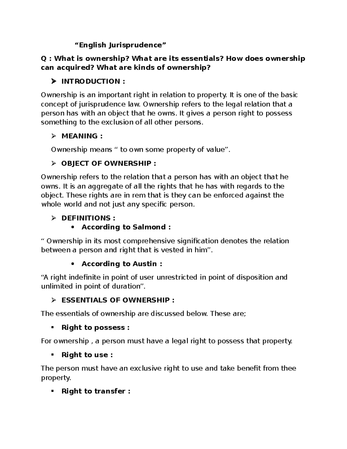 Ownership - Llb notes - “English Jurisprudence” Q : What is ownership ...
