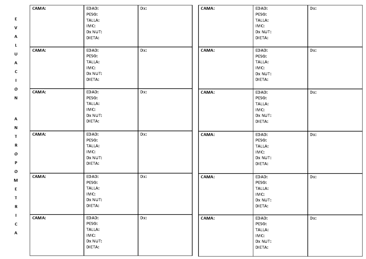 Tablas evaluacion antropometrica - CAMA: EDAD: PESO: TALLA: IMC: Dx NUT ...