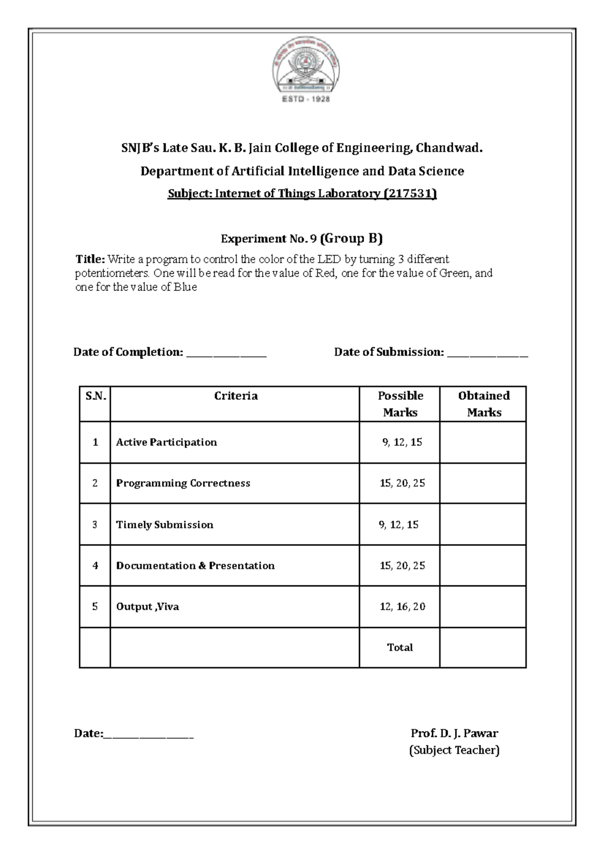 Assign 9 Final - SNJB’s Late Sau. K. B. Jain College of Engineering ...