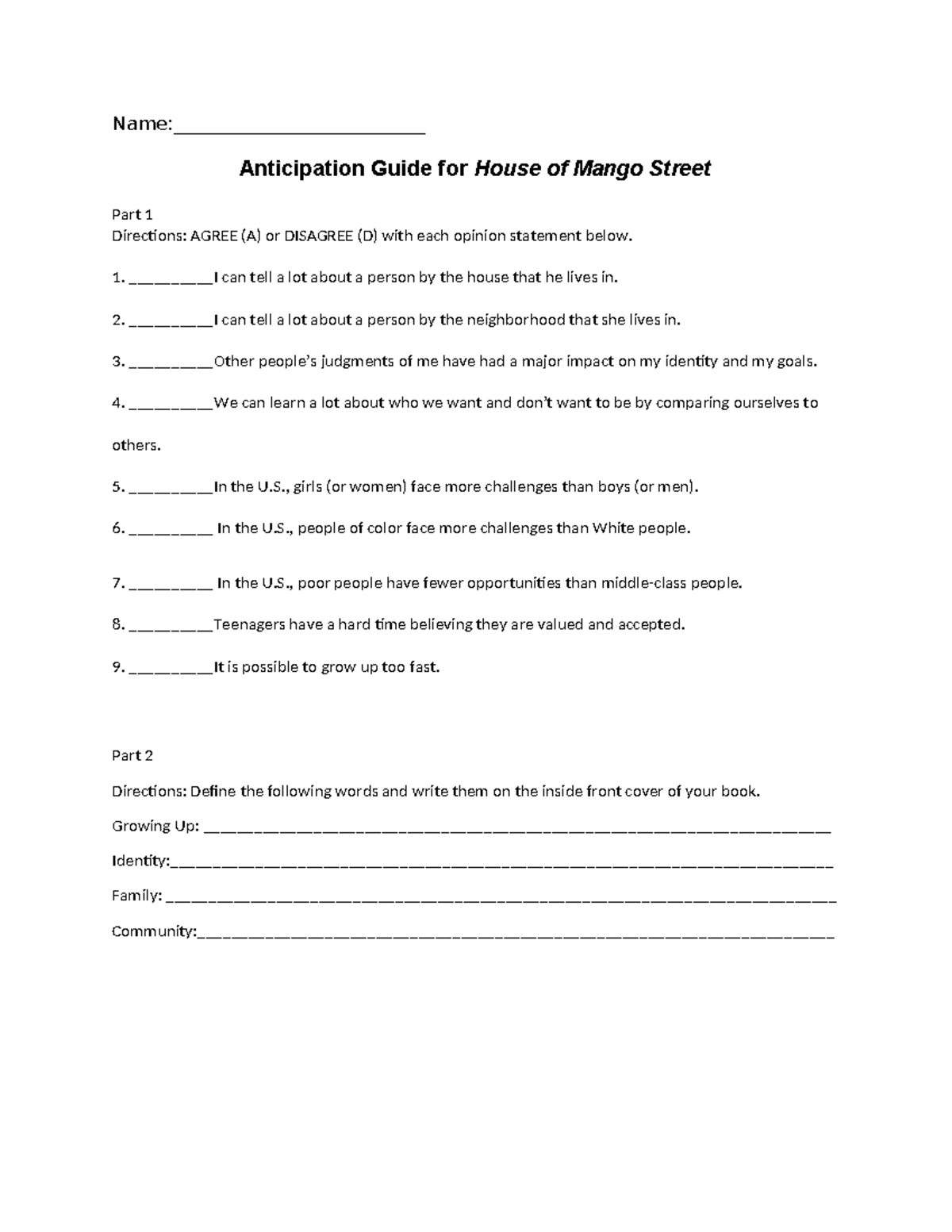 Anticipation Guide for House of Mango Street -23 - Name ...