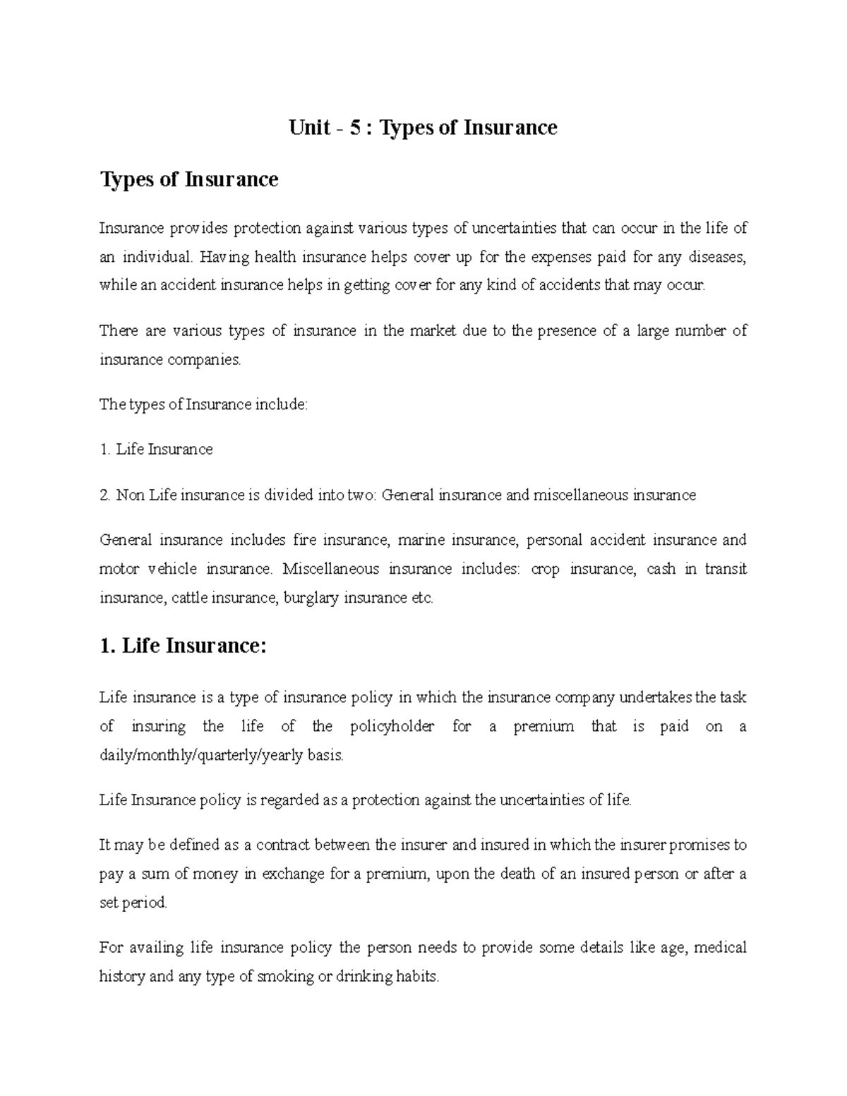Unit - 5 Types of Insurance 240412 102537 - Unit - 5 : Types of ...