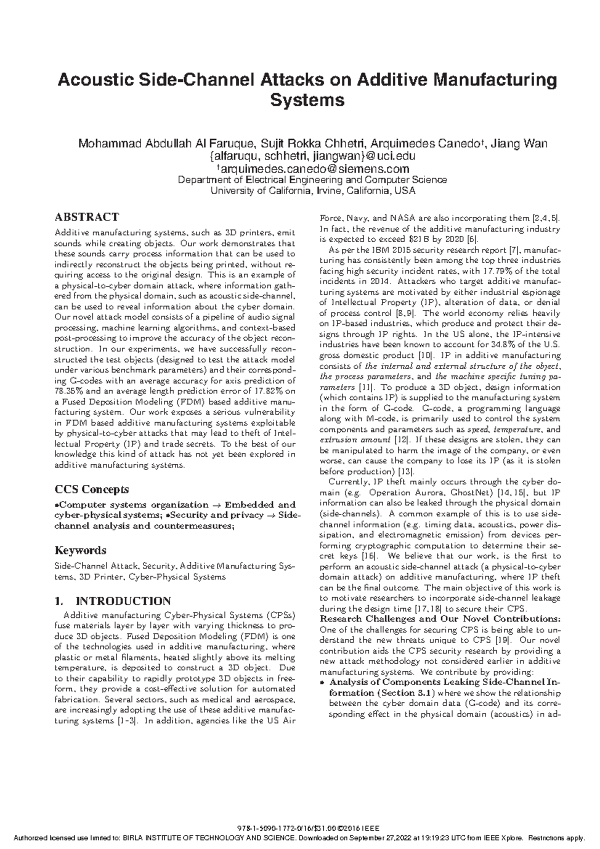 Acoustic Side-Channel Attacks on Additive Manufacturing Systems ...