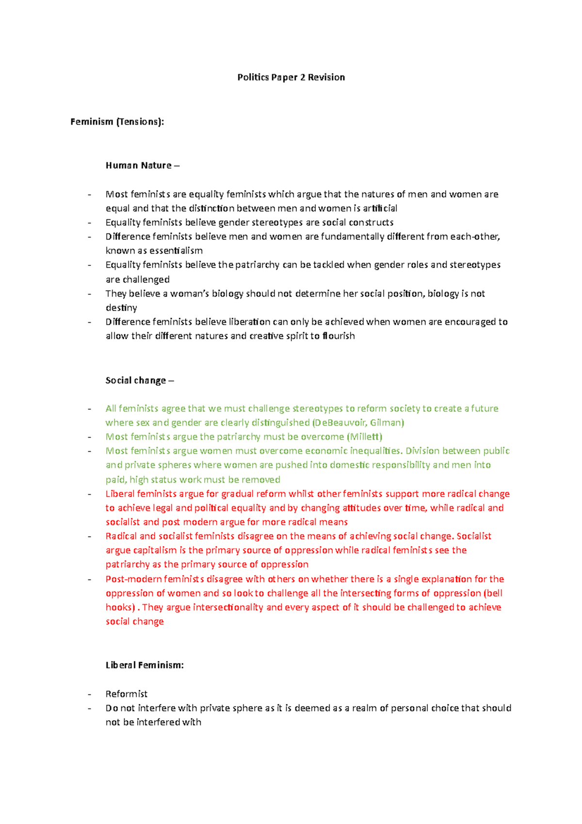 Politics Paper 2 Revision 1 - Politics Paper 2 Revision Feminism ...