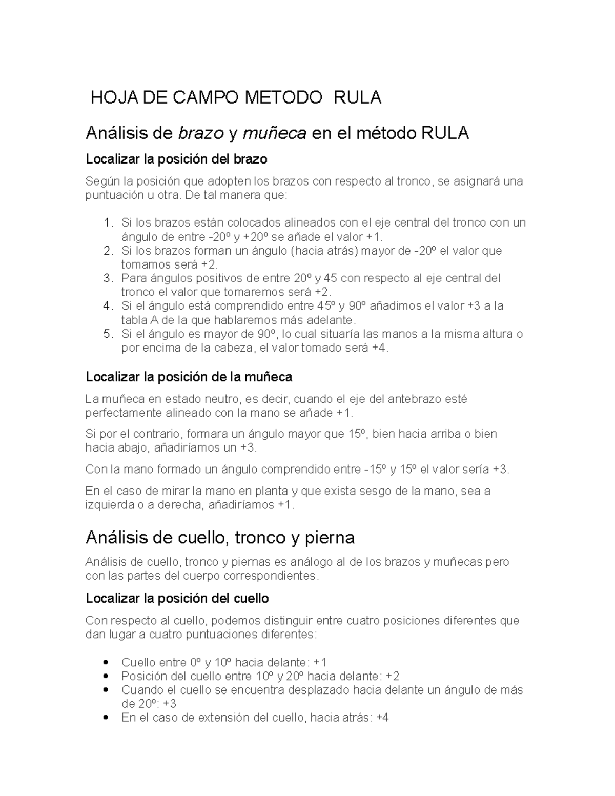 HOJA DE Campo Metodo RULA - HOJA DE CAMPO METODO RULA Análisis de brazo ...