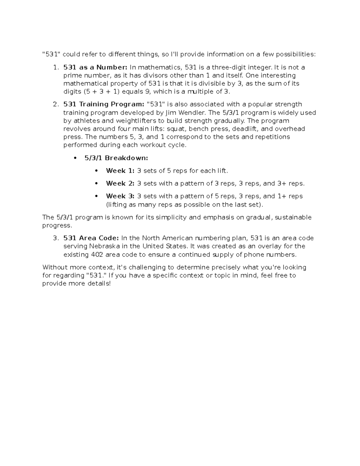 531 - Njmber - "531" could refer to different things, so I'll provide ...
