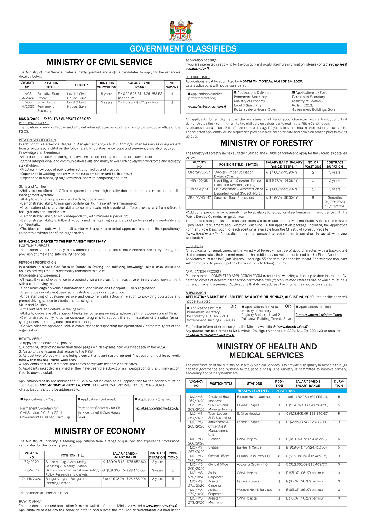 Government Vacancies Published 08TH August 2020 - MINISTRY OF CIVIL ...
