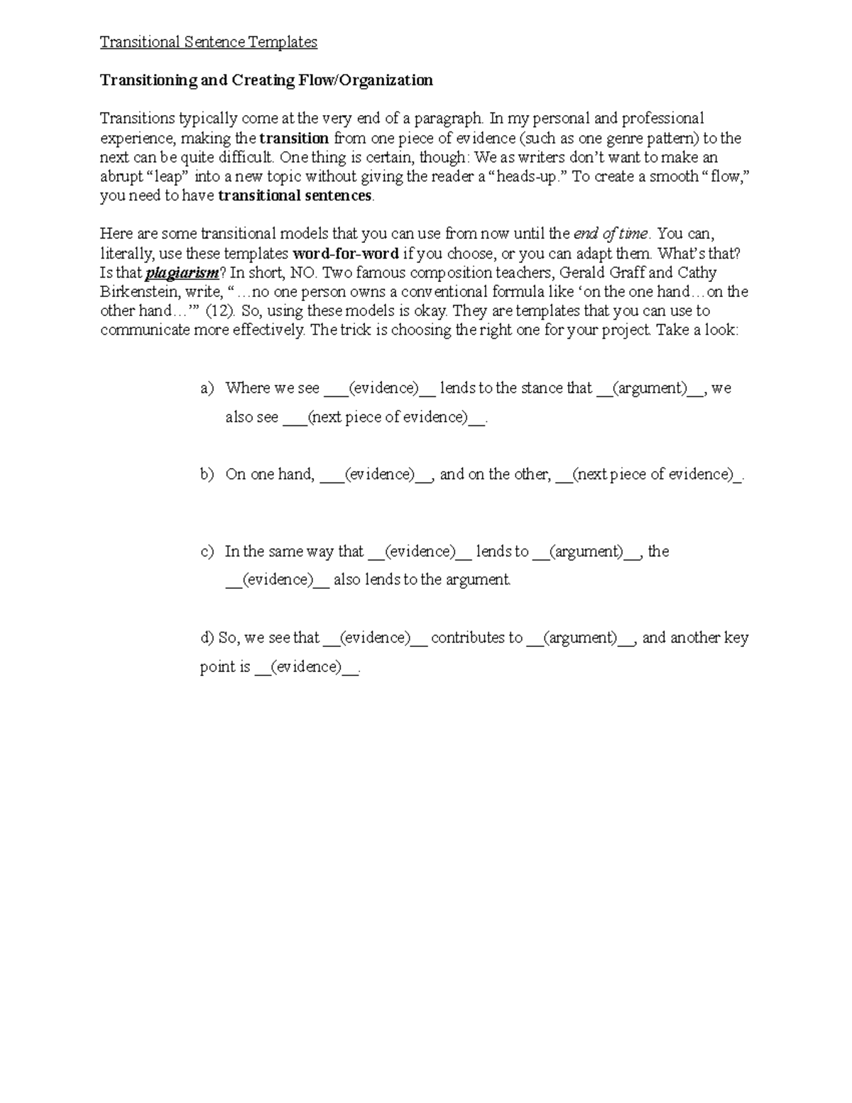 Transitional Sentences Templates - Transitional Sentence Templates ...