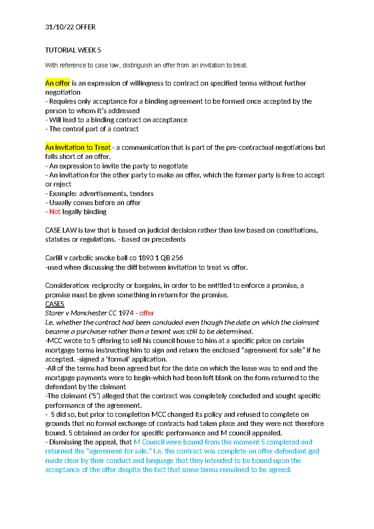 Tutorial WEEK 5 - TUTORIAL WEEK 5 With reference to case law, distinguish an offer from an - Studocu