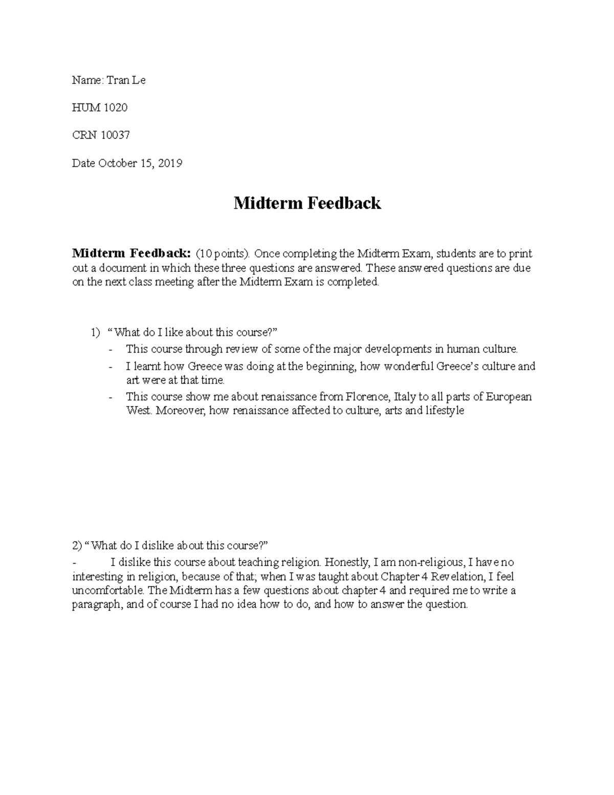 Midterm Feedback 10points - Name: Tran Le HUM 1020 CRN 10037 Date ...