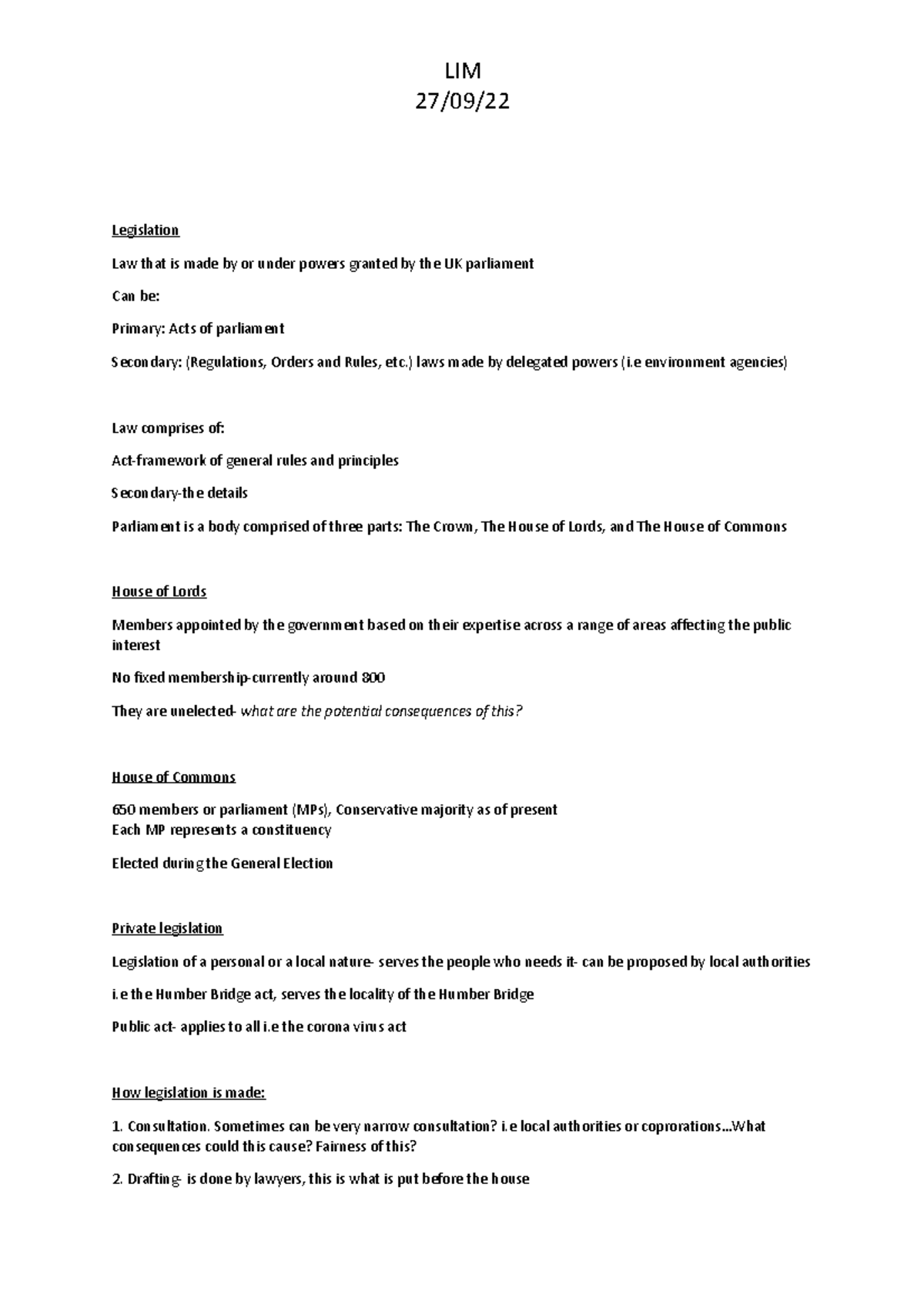 Introduction to LIM - LIM 27/09/ Legislation Law that is made by or ...