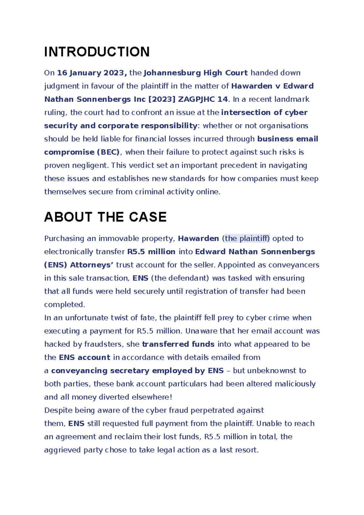 Harwarden V Edward CASE LAW - INTRODUCTION On 16 January 2023, the Johannesburg High Court ...