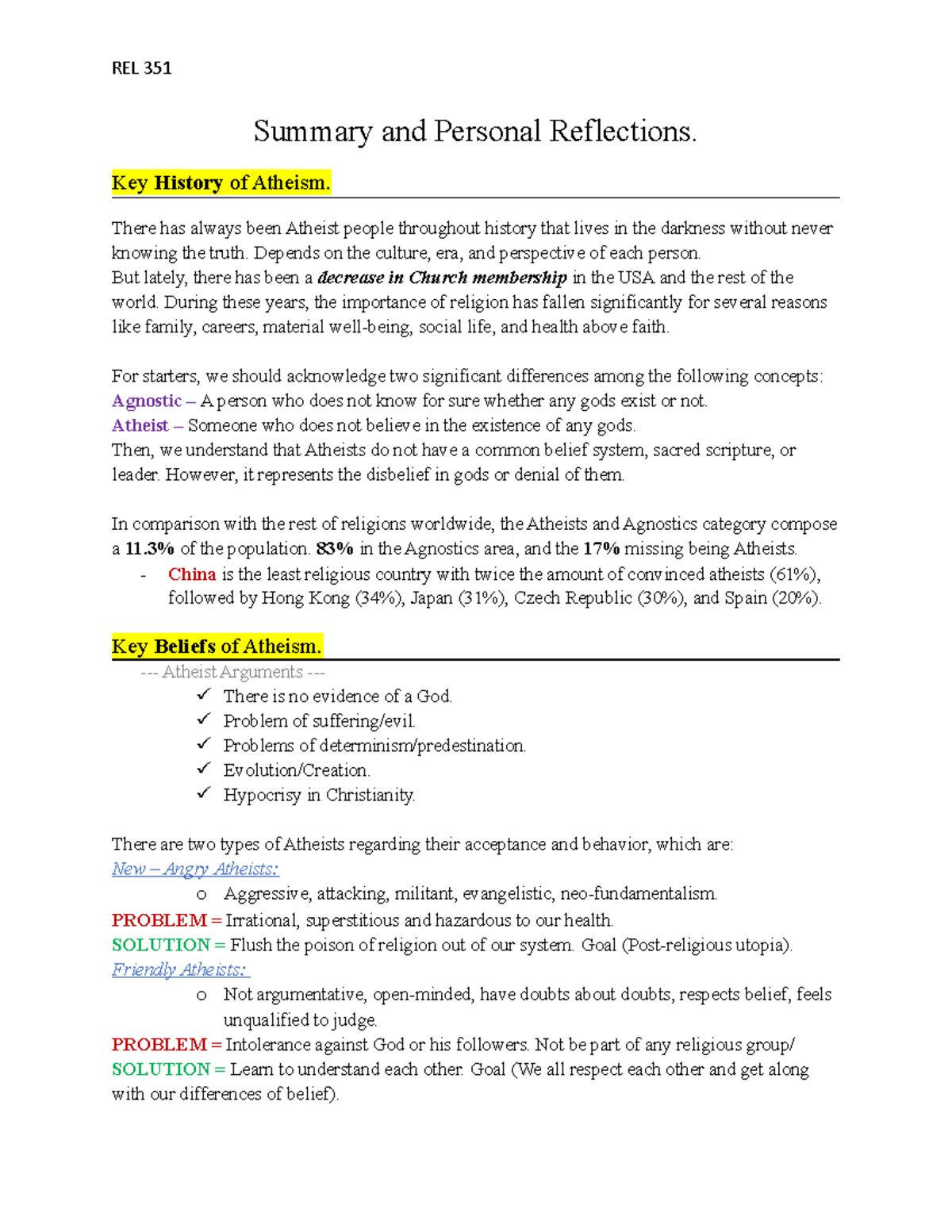 Atheism Summary and Reflection Paper - REL 351 Summary and Personal Reflections. Key History of ...