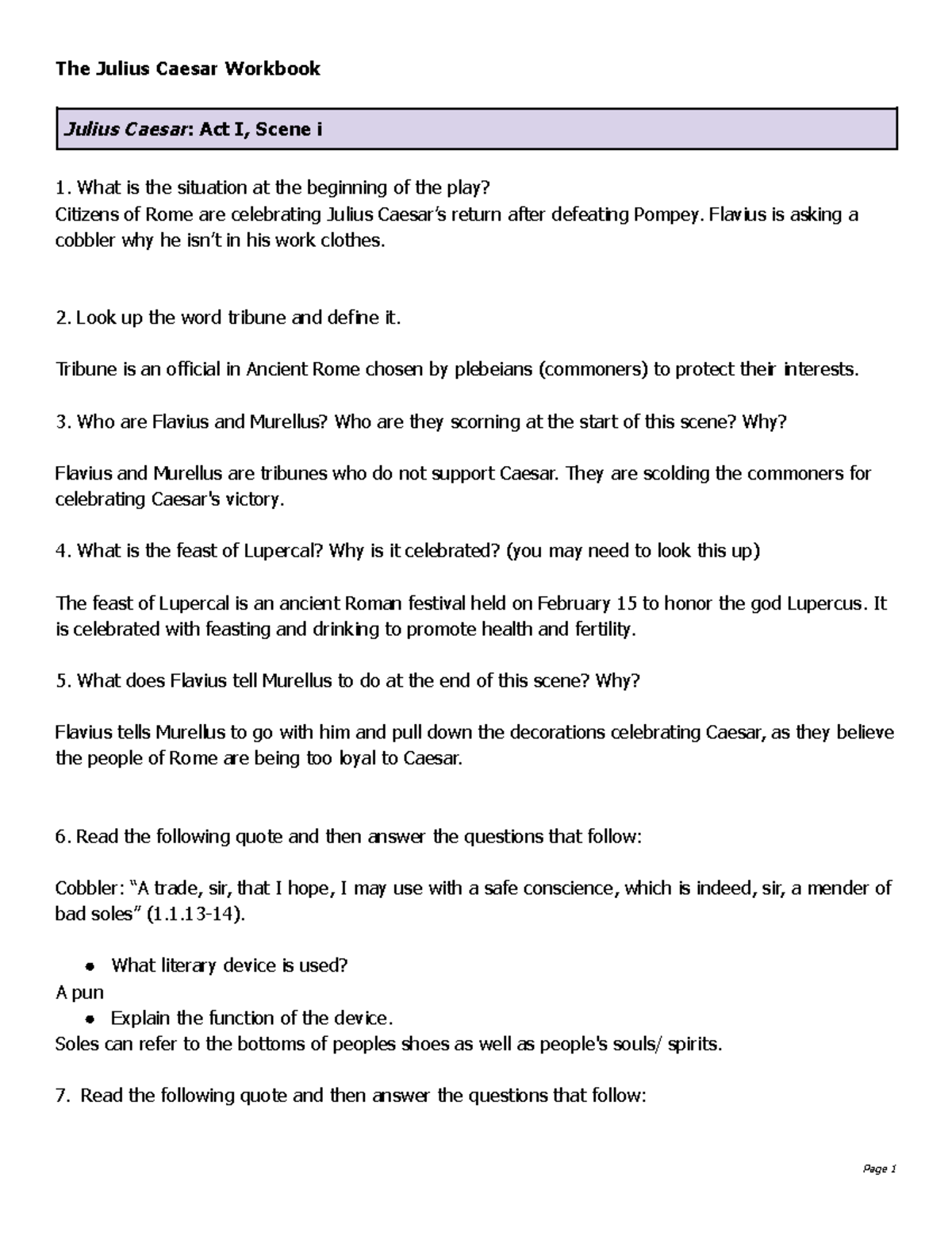 Julius Caesar questions - The Julius Caesar Workbook Julius Caesar: Act ...