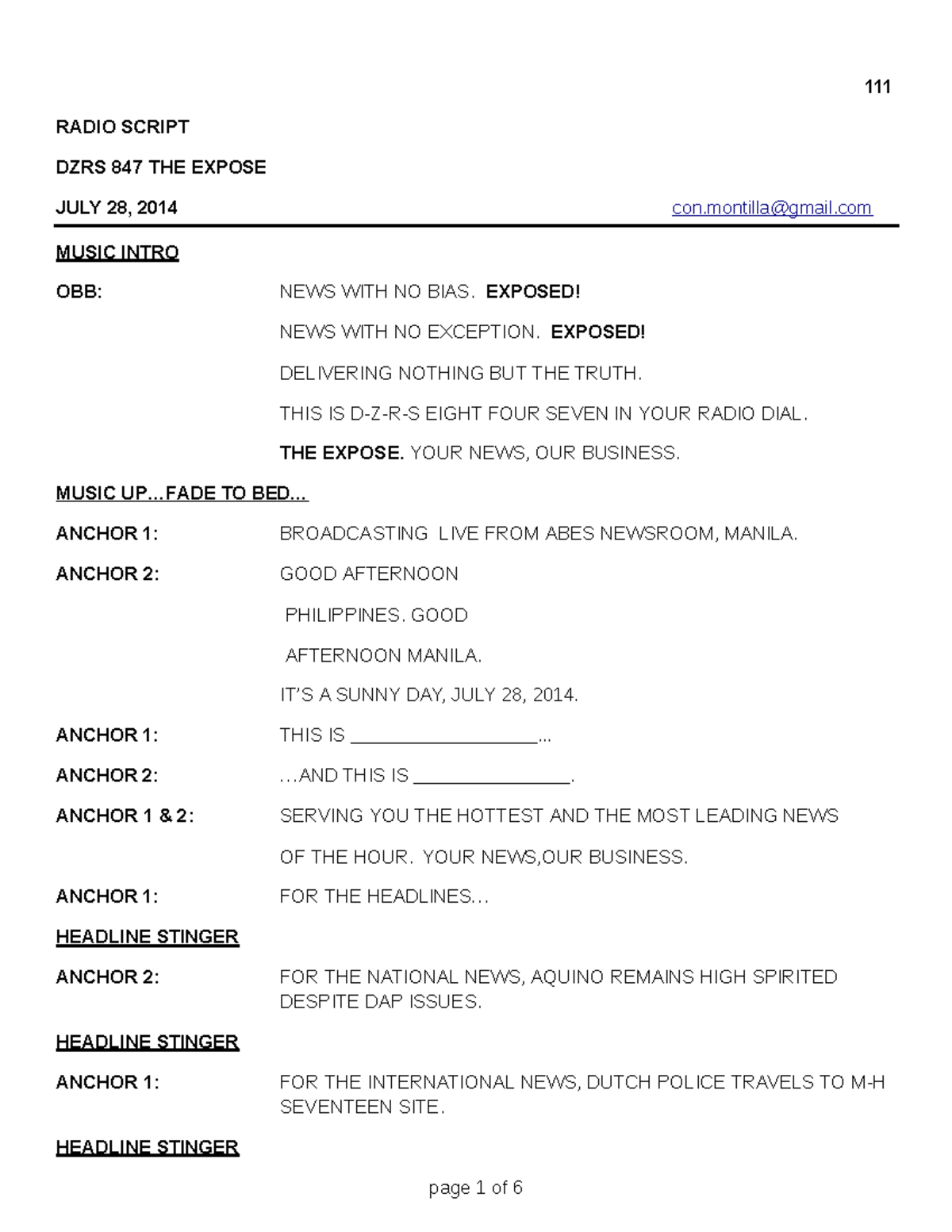 Sample 5 minute Broadcast Script - RADIO SCRIPT DZRS 847 THE EXPOSE ...