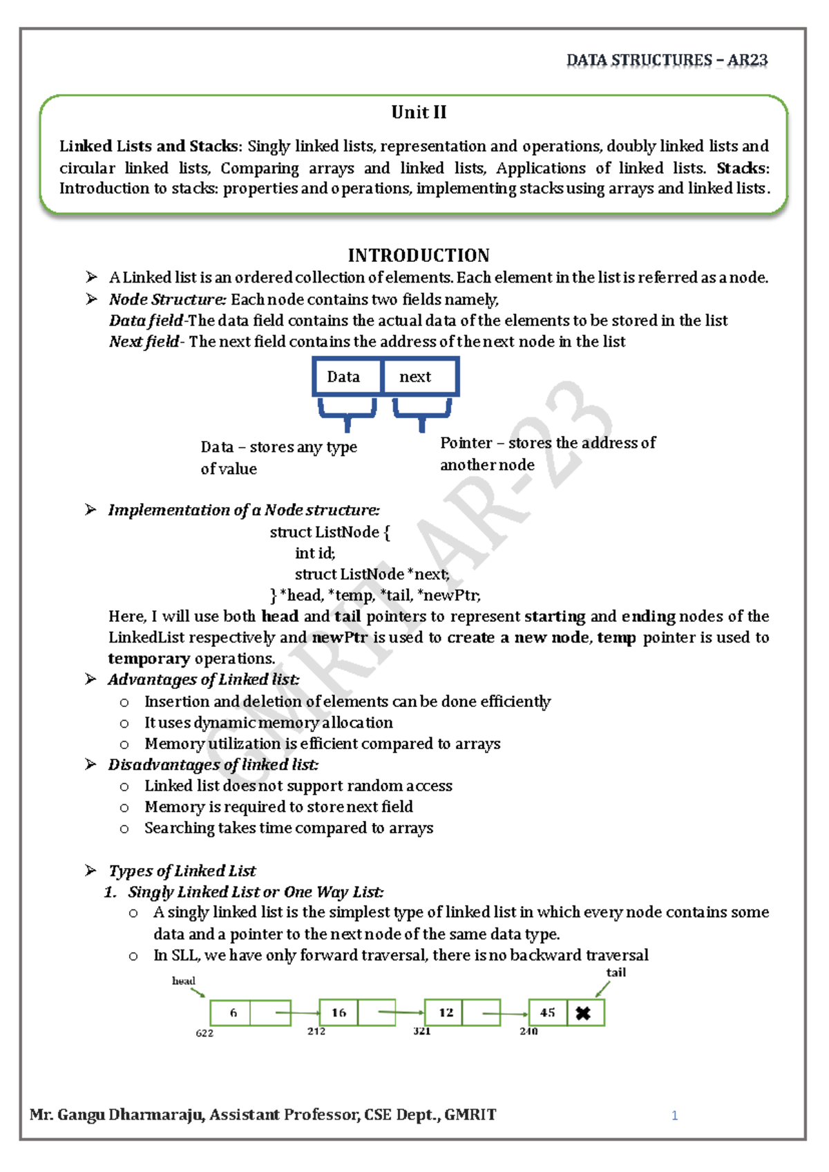 UNIT-II - check - Unit II Linked Lists and Stacks: Singly linked lists, representation and - Studocu