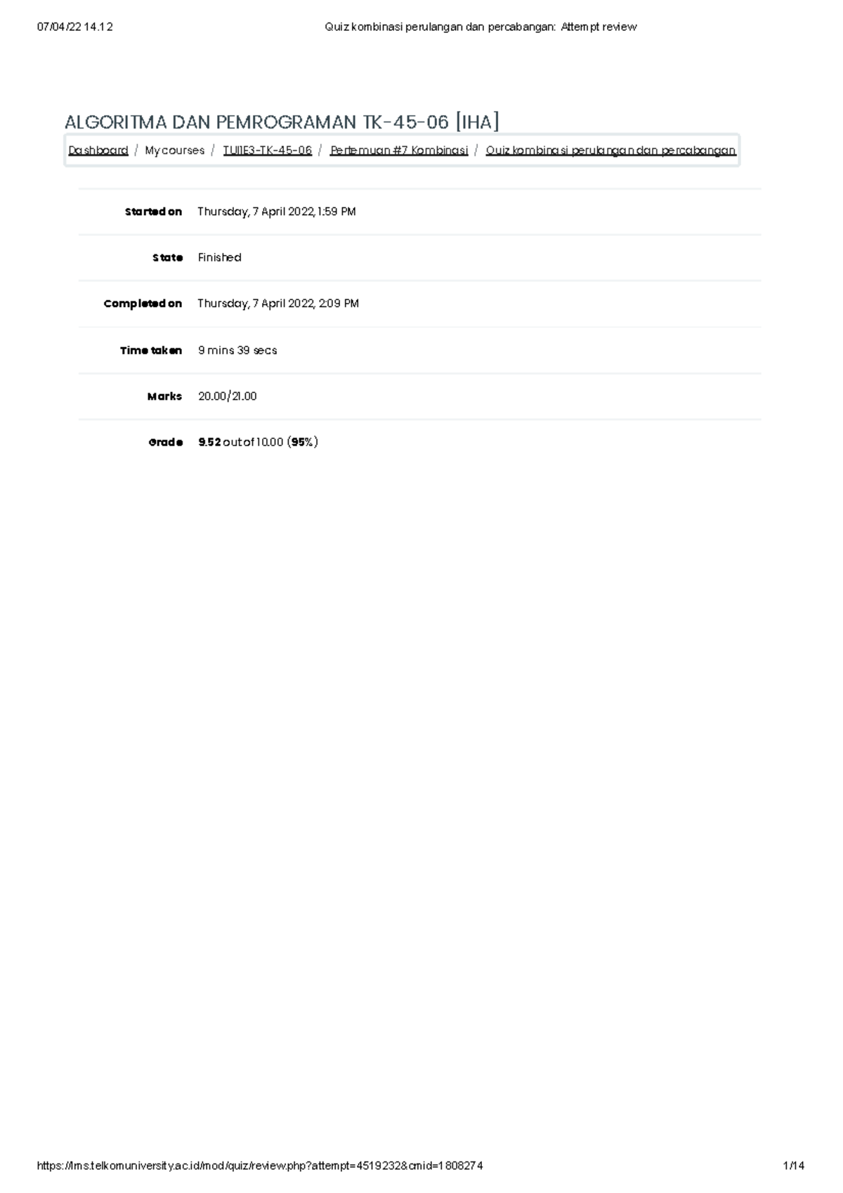 Quiz kombinasi perulangan dan percabangan Attempt review - ALGORITMA DAN PEMROGRAMAN TK-45-06 ...