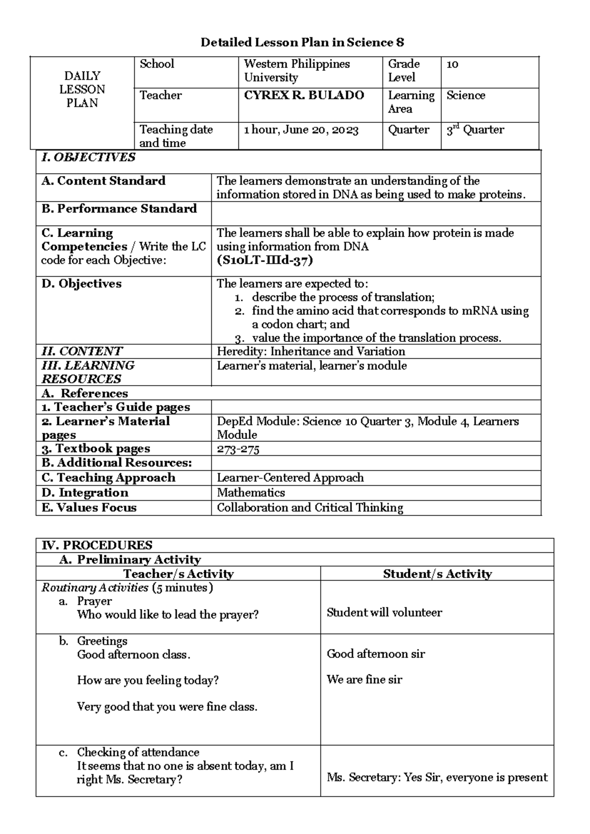 Translation - Detailed Lesson Plan in Science 8 I. OBJECTIVES A ...