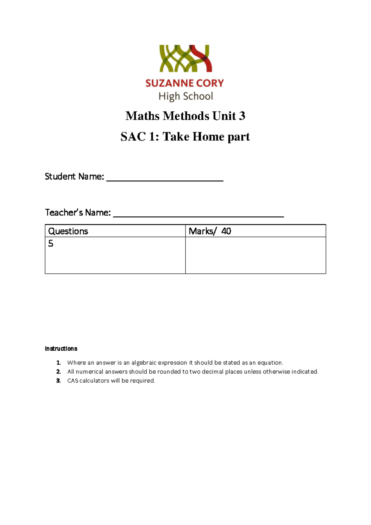 2020 Unit 3 SAC part 1 take home ( Print) - Maths Methods Unit 3 SAC 1 ...