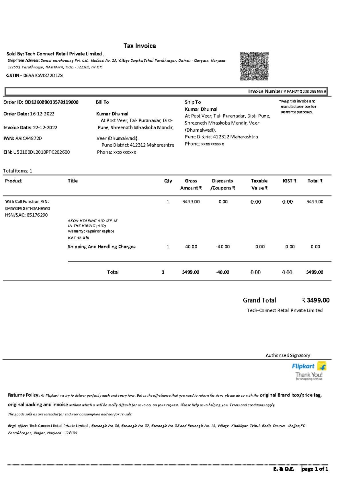 Vitthal Reciet - Hi eassay is - Tax Invoice Sold By: Tech-Connect ...
