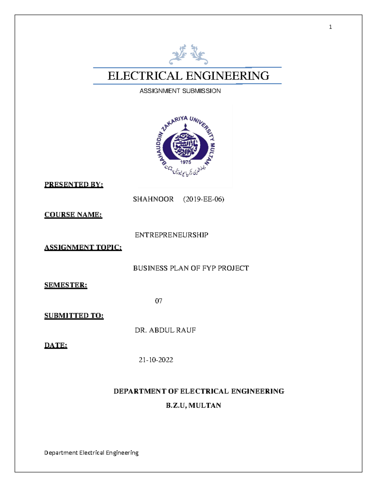 Business Idea FYP MPPT (06) - 1 Department Electrical Engineering ELECTRICAL ENGINEERING ...