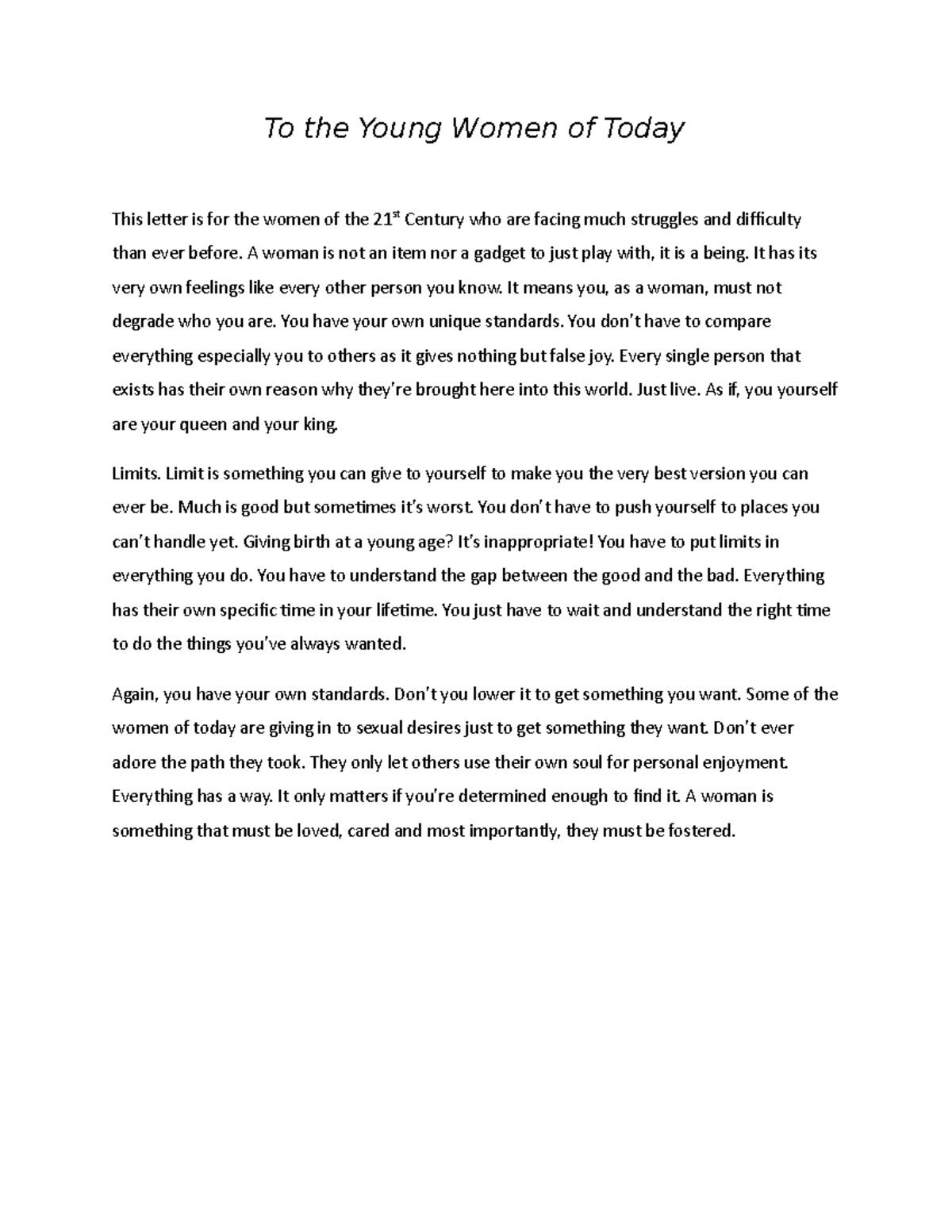 To the Young Woman of Today - To the Young Women of Today This letter ...