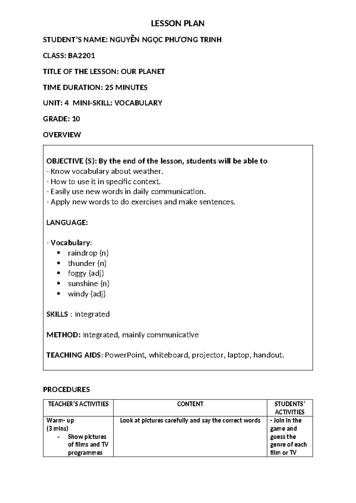 Lesson plan vocab - LESSON PLAN STUDENT’S NAME: NGUYỄN NGỌC PHƯƠNG ...