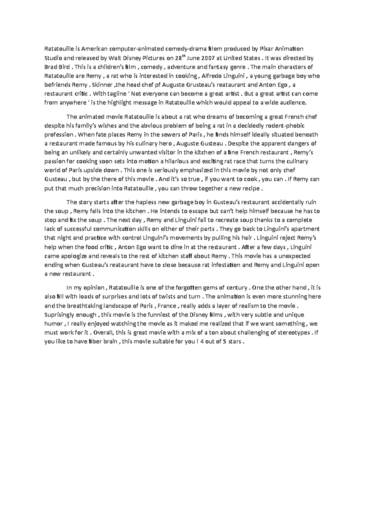 Movie Review - ENGLISH COMMUNICATION 1 - Ratatouille is American ...