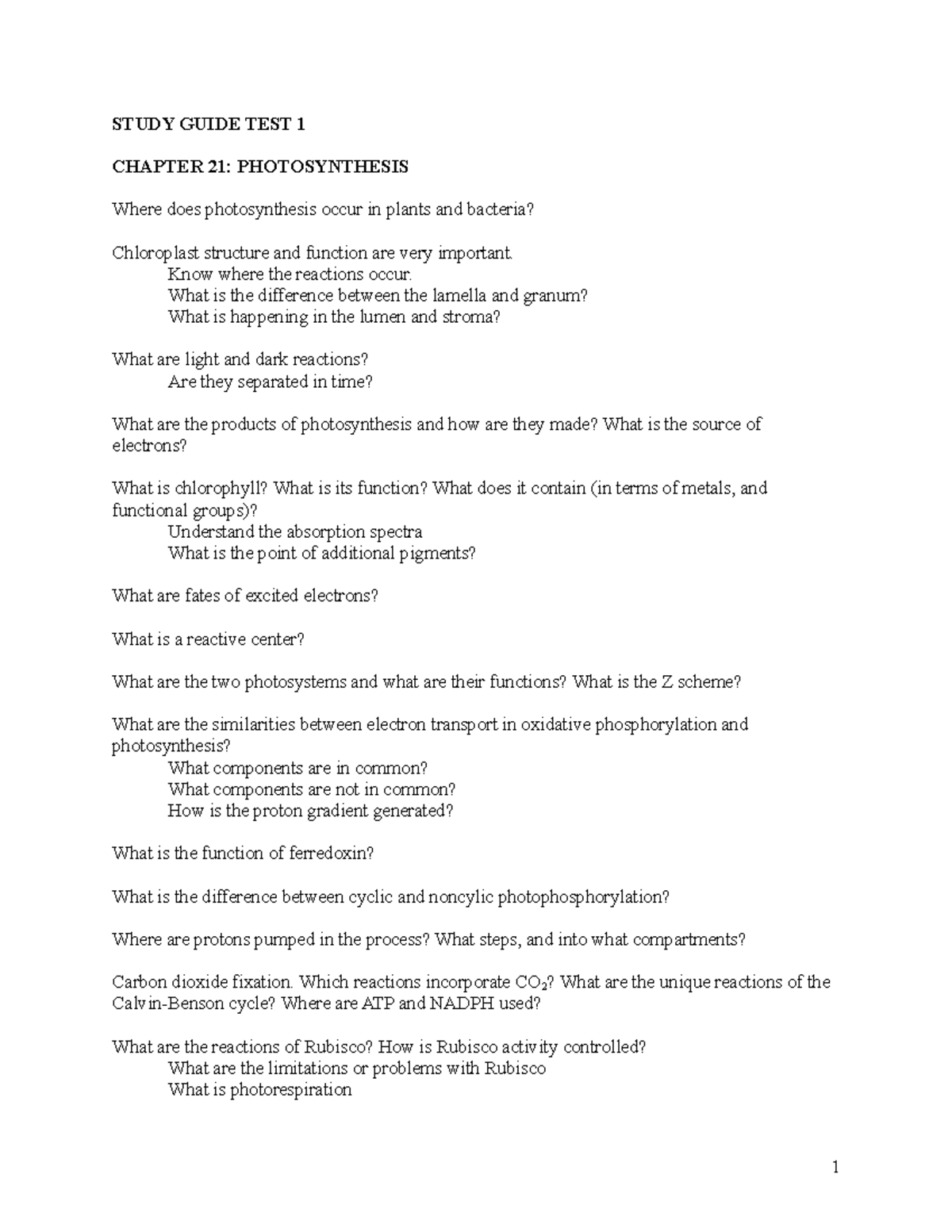 Study guide test 1 2021 - STUDY GUIDE TEST 1 CHAPTER 21: PHOTOSYNTHESIS ...