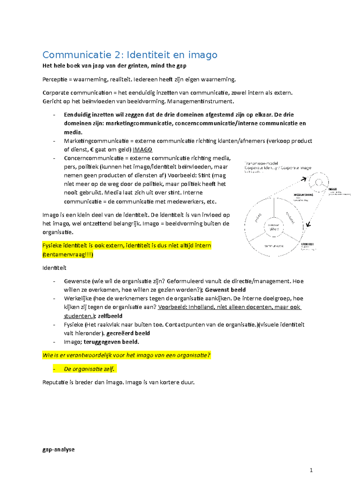 Theorie Identiteit en imago - Communicatie 2: Identiteit en imago Het ...