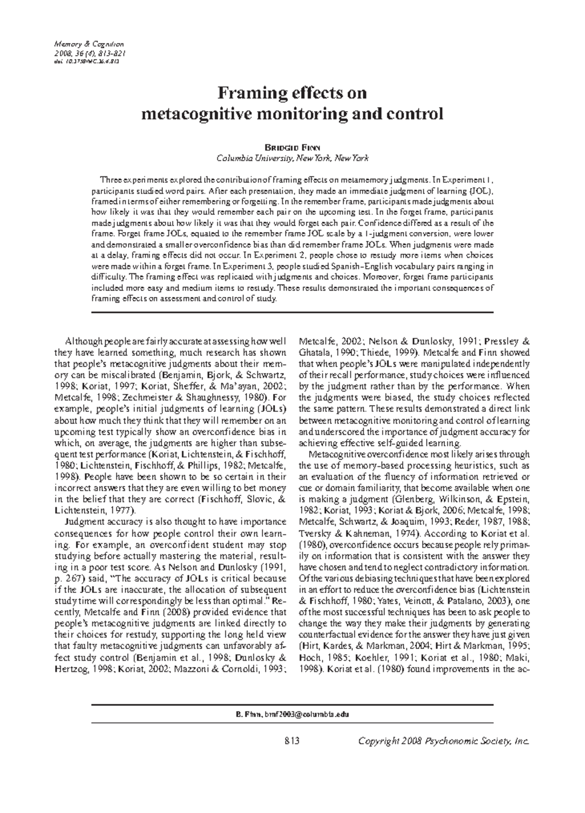Finn 2008 Framing Effects On Metacognitive Monitoring And Control Although People Are