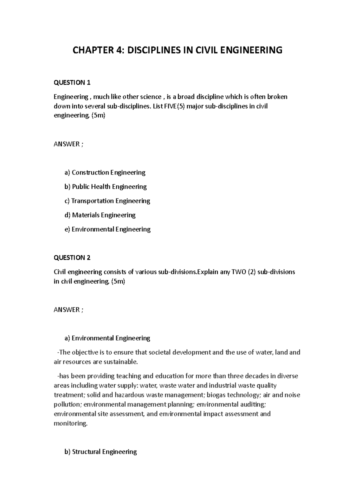 ECM418 CH4 - CHAPTER 4: DISCIPLINES IN CIVIL ENGINEERING QUESTION 1 ...