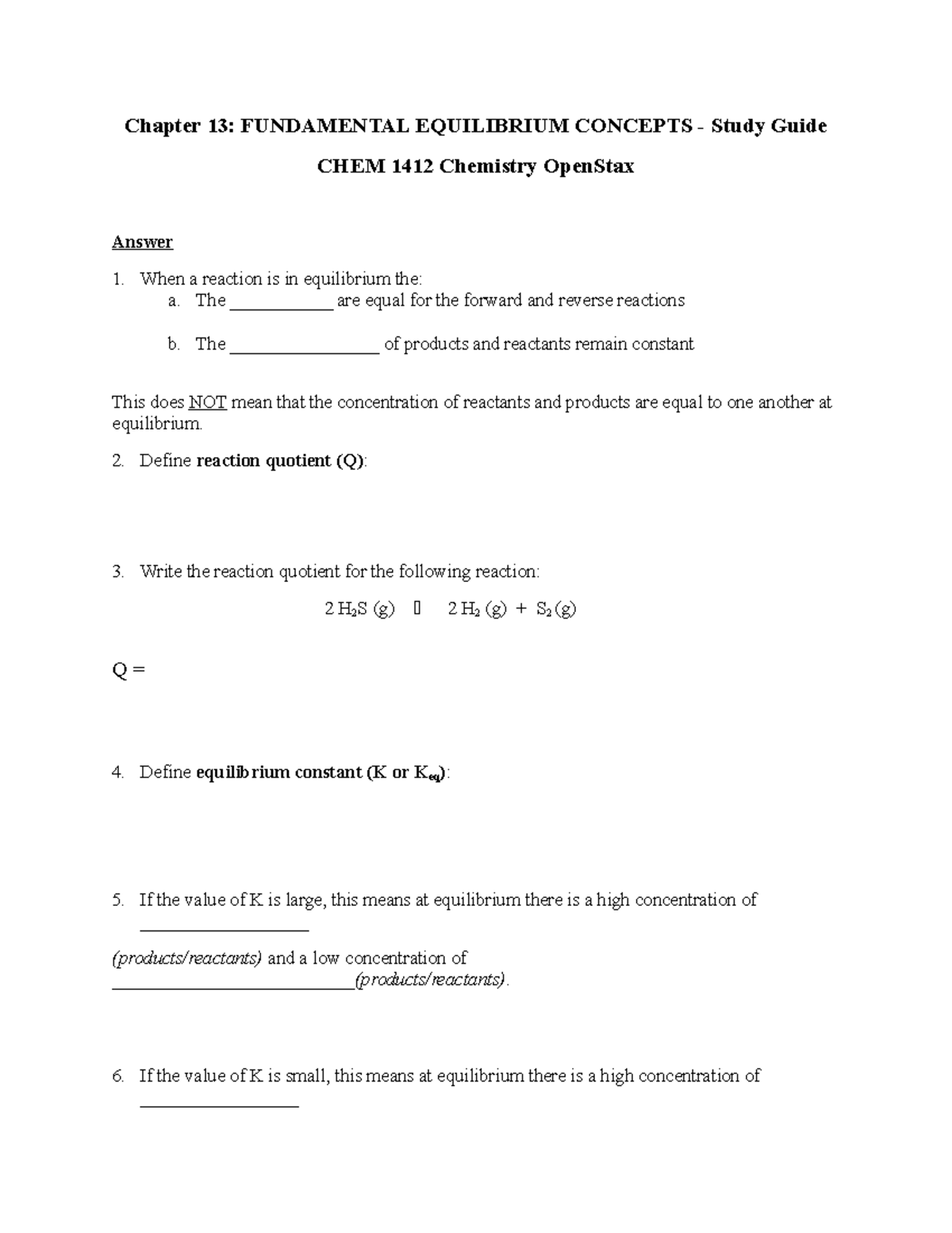 Chem1412 chapter 13 studyguide - Chapter 13: FUNDAMENTAL EQUILIBRIUM ...