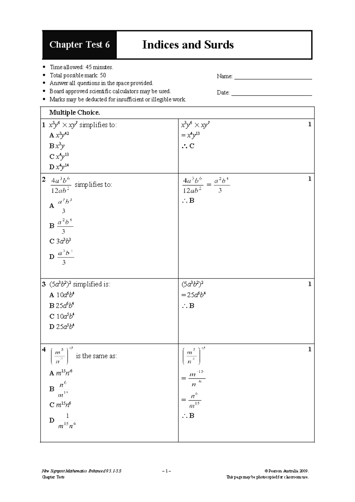 9 5.3CT6 Indices and Surds - Chapter Test 6 Indices and Surds Time ...