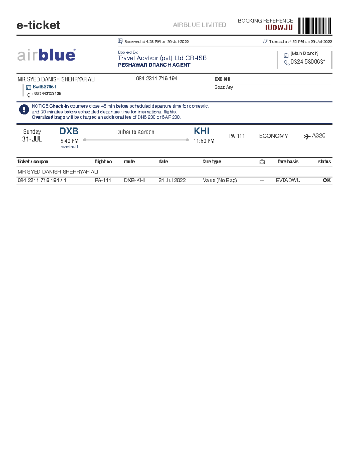 Airblue - View Reservation - e-ticket AIRBLUE LIMITED BOOKING REFERENCE ...