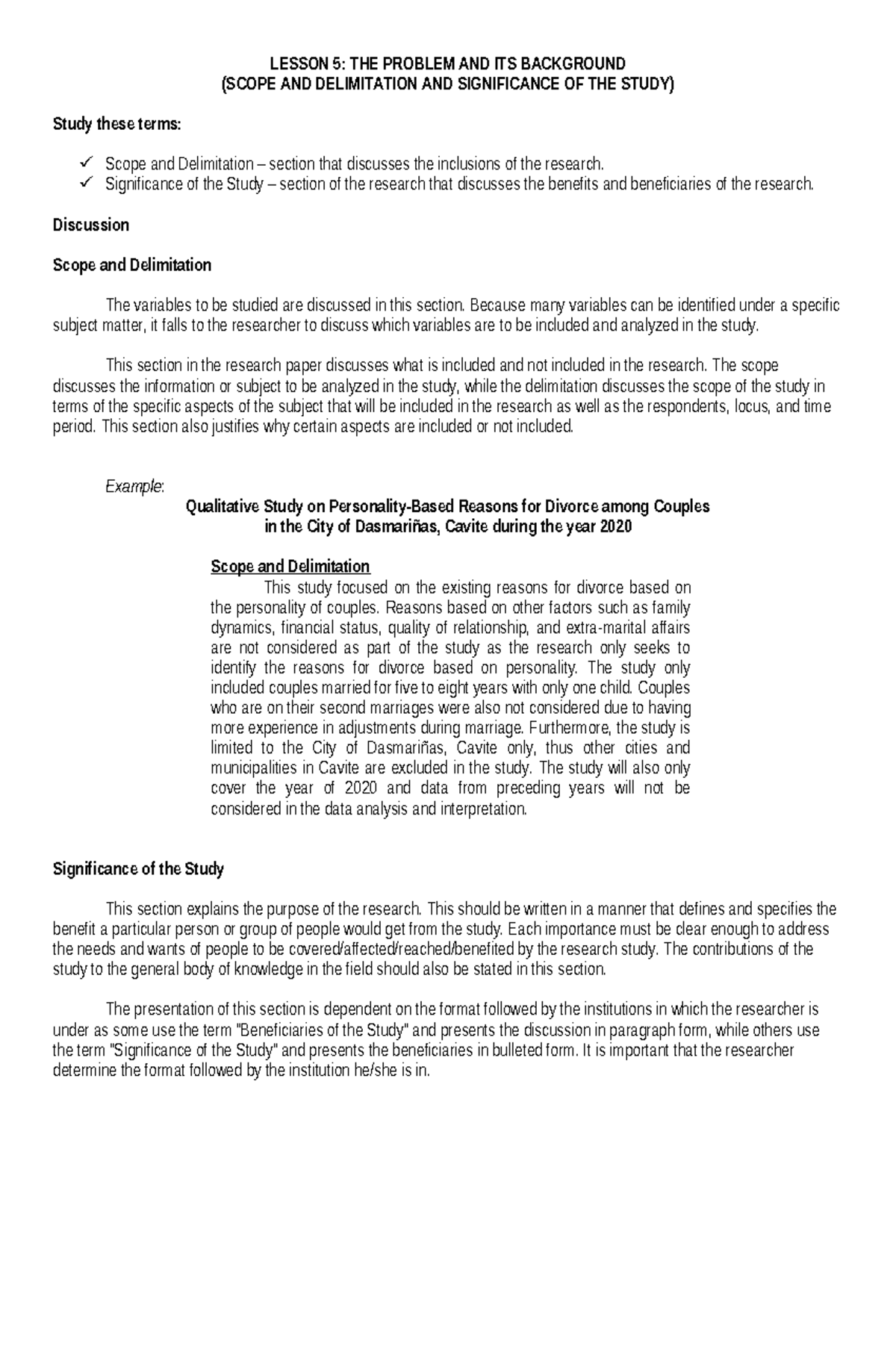PQ 1 Lesson 5 Scope AND Delimitation AND Significance OF THE Study ...