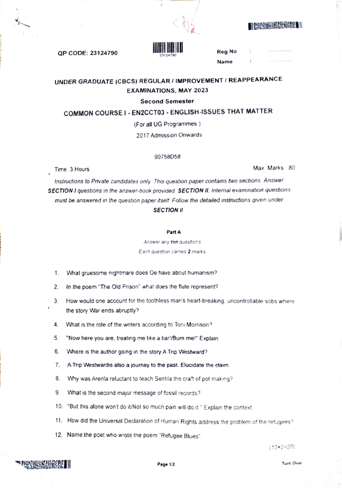 Issues qp& scheme 2023 - Time: 3 Hours UNDER GRADUATE (CBCS) REGULAR ...