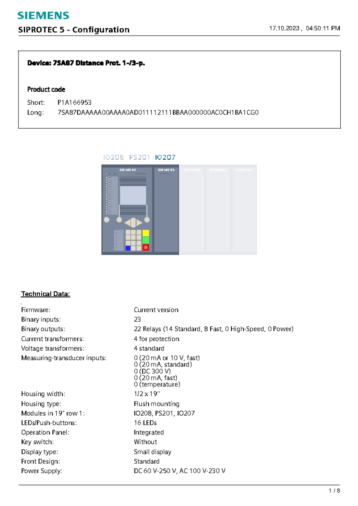 P1A166953 - Device: 7SA87 Distance Prot. 1-/3-p. Product code Short ...