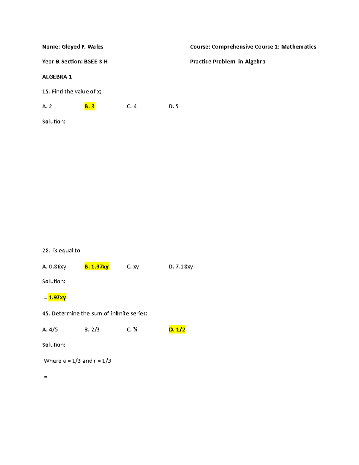 Algebra answers - Name: Gloyed F. Wales Course: Comprehensive Course 1: Mathematics Year & - Studocu