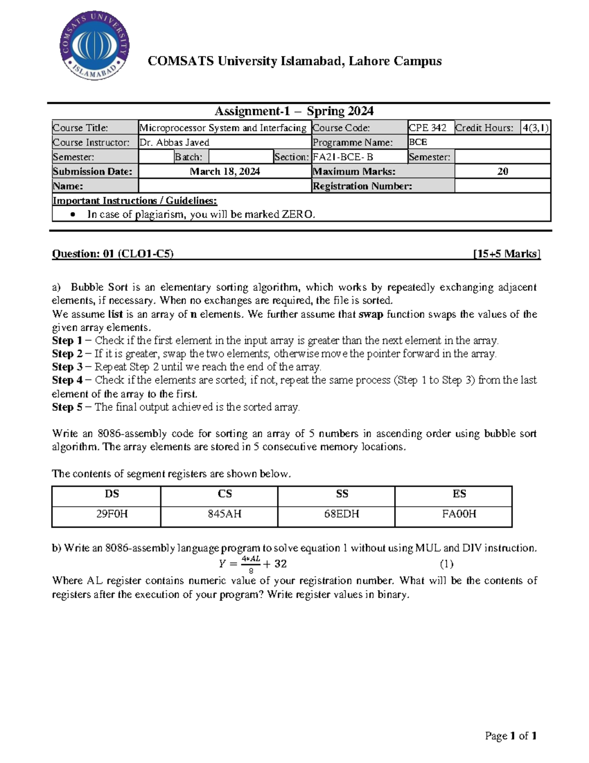 Cpe 342 Microprocessor Systemsand Interfacing Bce Theory Assignment 1 Sp24 Page 1 Of 1 Comsats