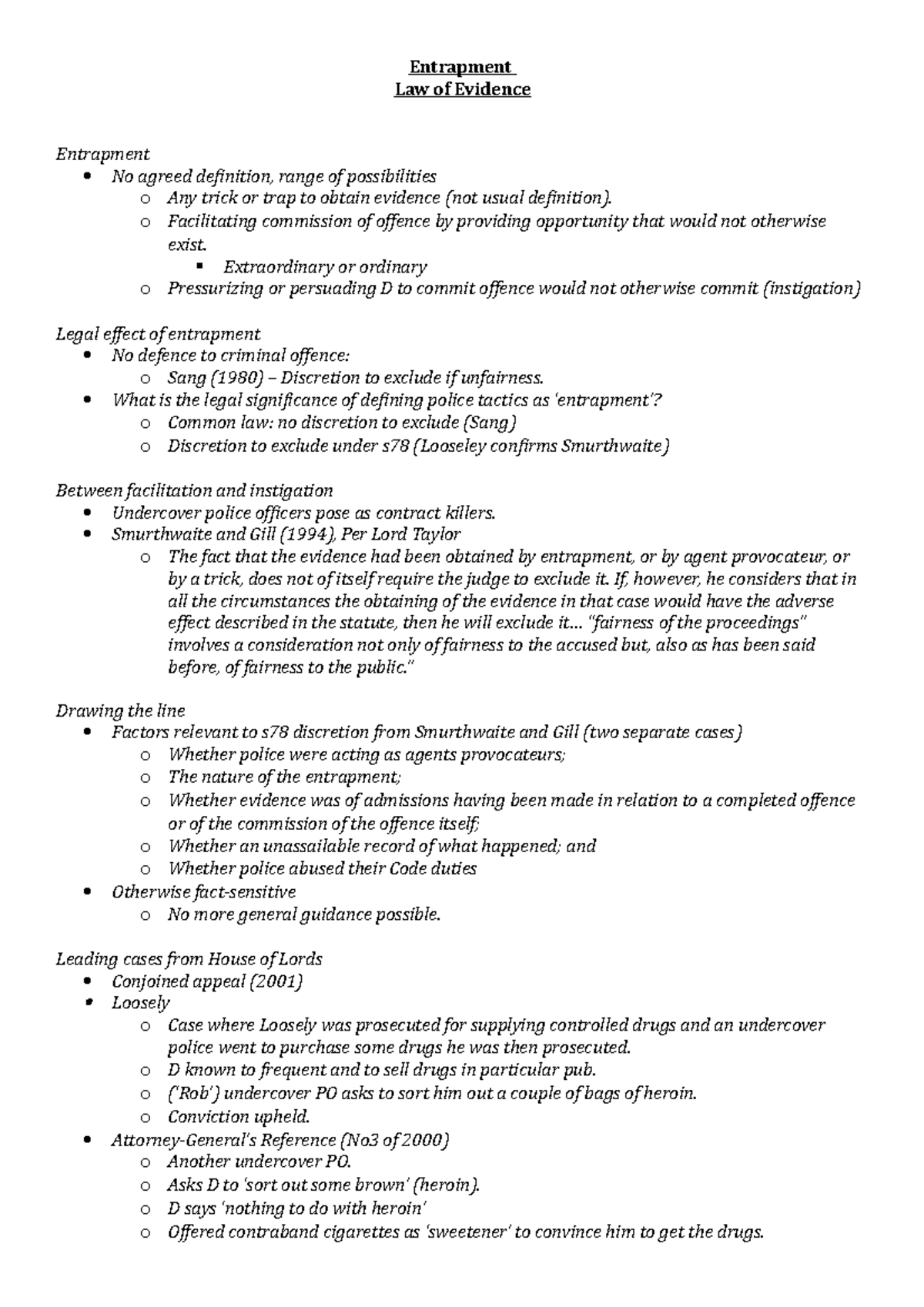 Entrapment - Lecture Notes - Entrapment Law of Evidence Entrapment No ...
