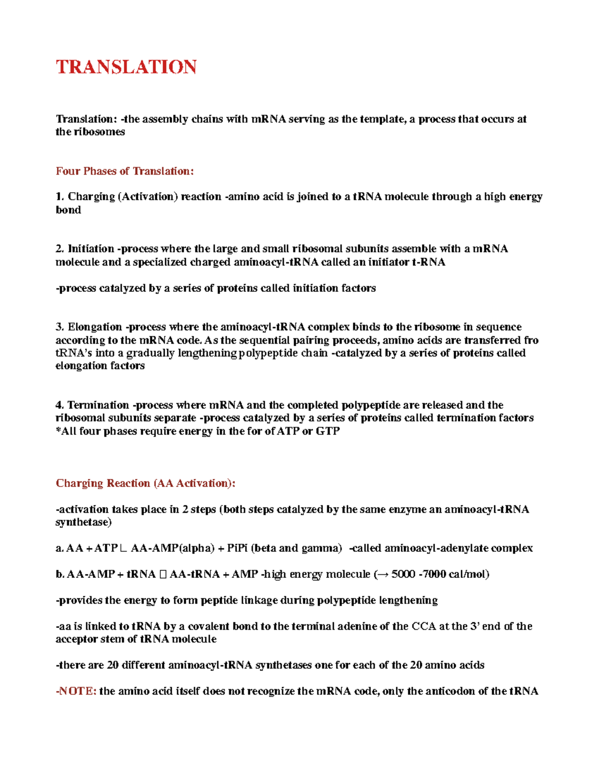 TRANSLATION, 4 PHASES - TRANSLATION Translation: -the assembly chains ...