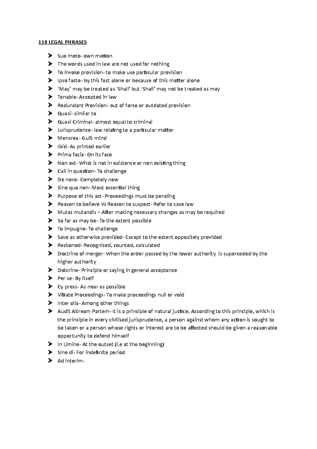 110 Legal Phrases - KLJAJDOIUI - 110 LEGAL PHRASES Suo moto- own motion ...