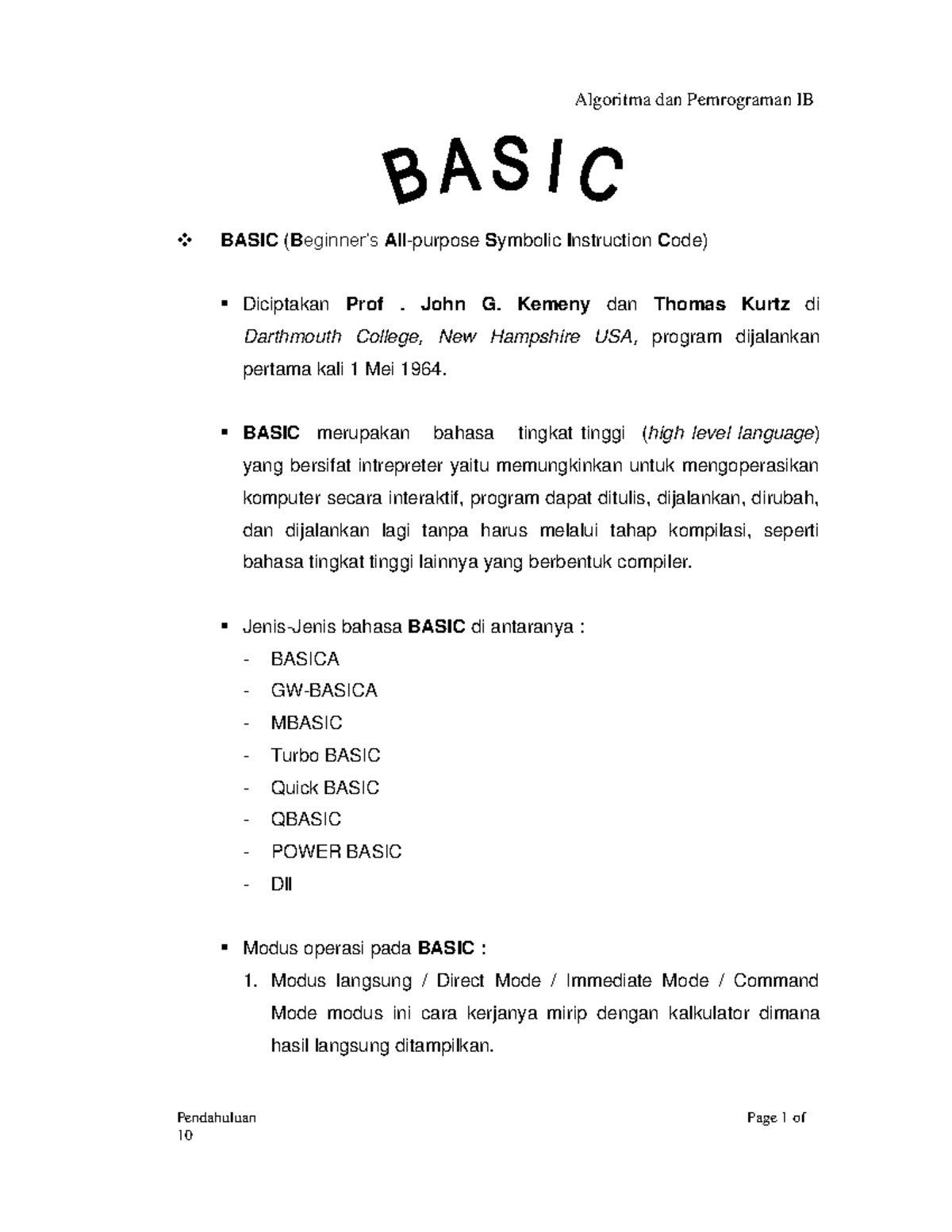 Pertemuan 2 - materi tentang qbasic - Pendahuluan Page 1 of BASIC ...